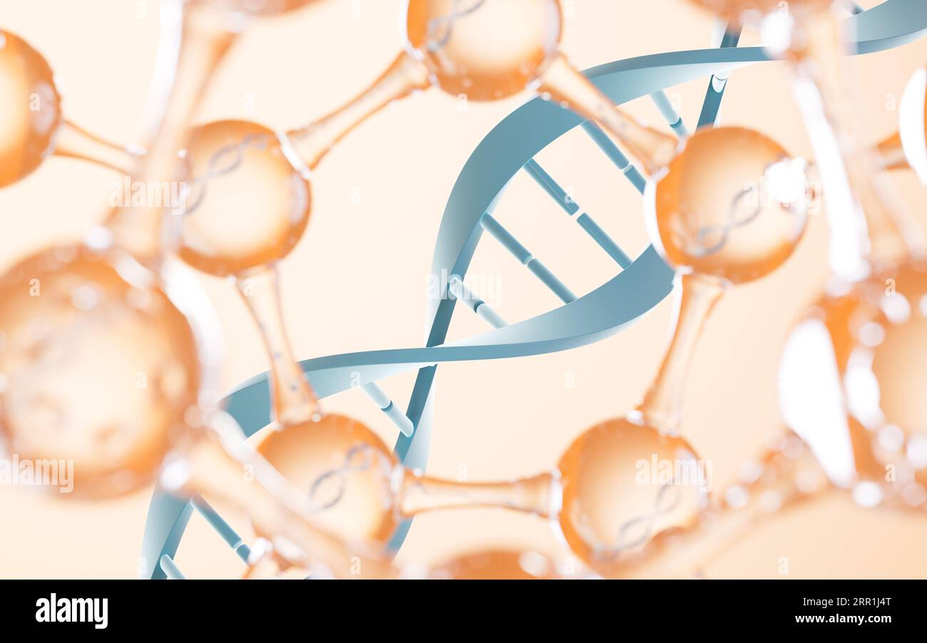 Spherical molecular structure and DNA, 3d rendering. Digital drawing ...