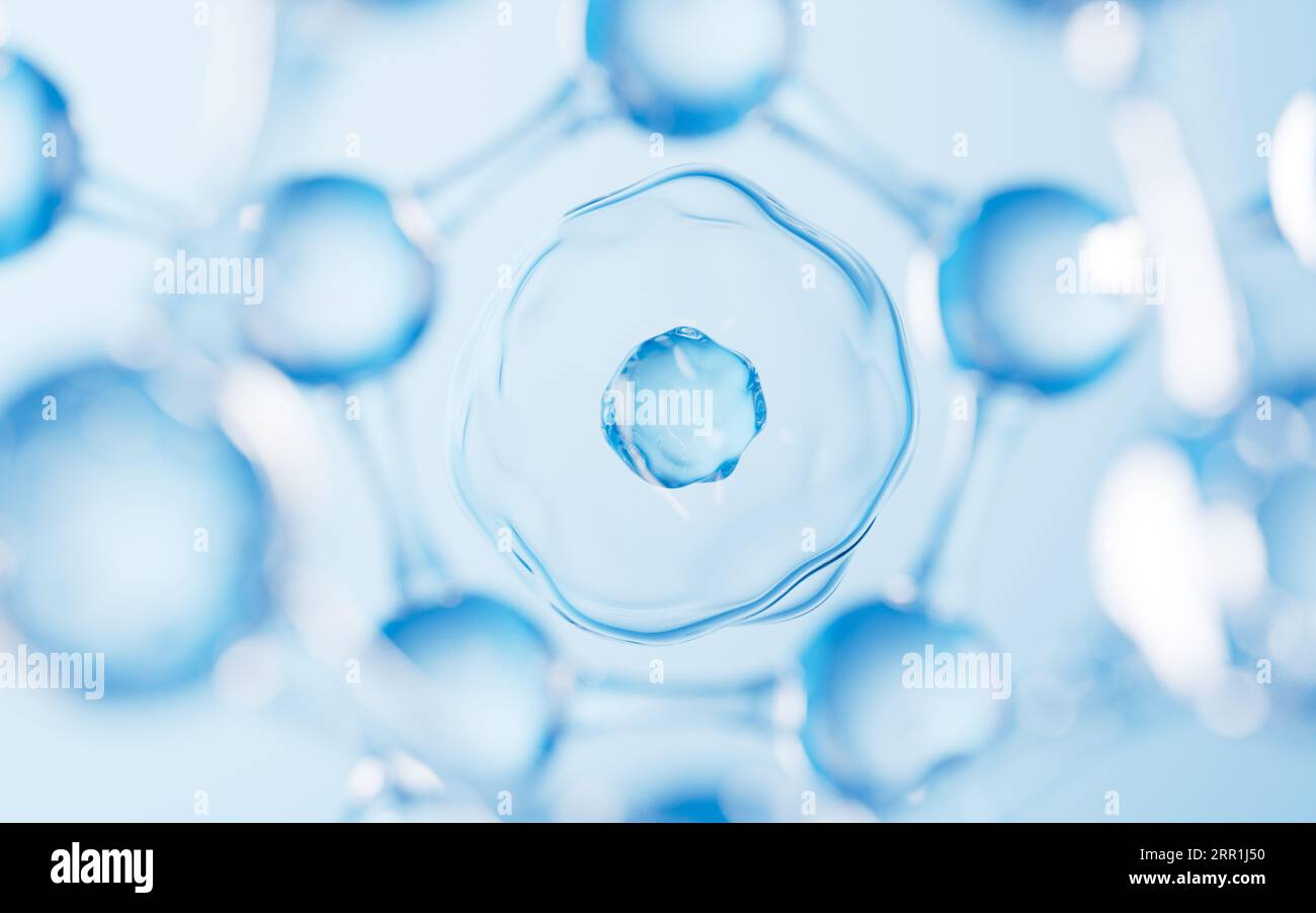 Floating molecular structure and cells in the blue background, 3d ...