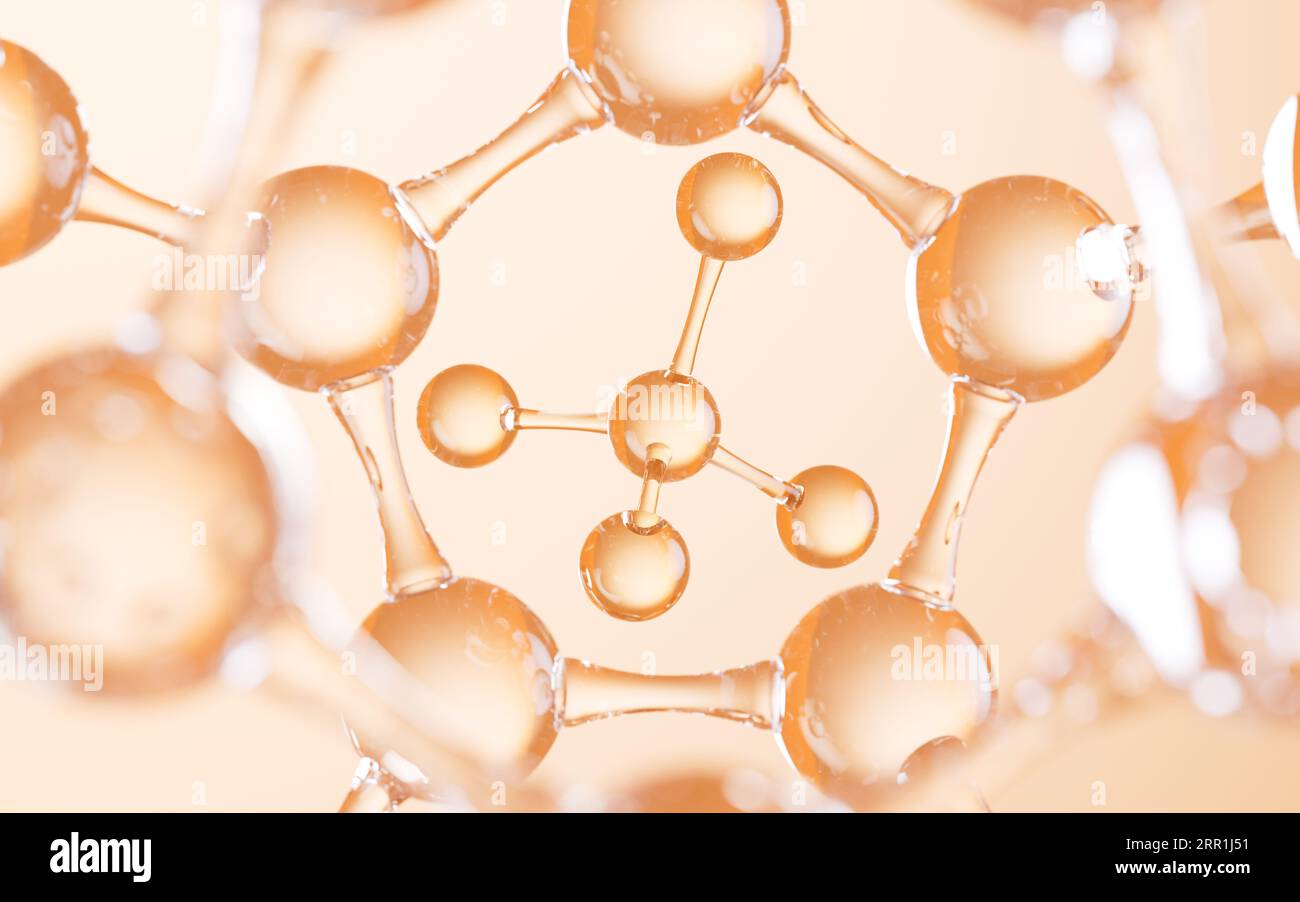 Floating molecular structure in the gold background, 3d rendering ...