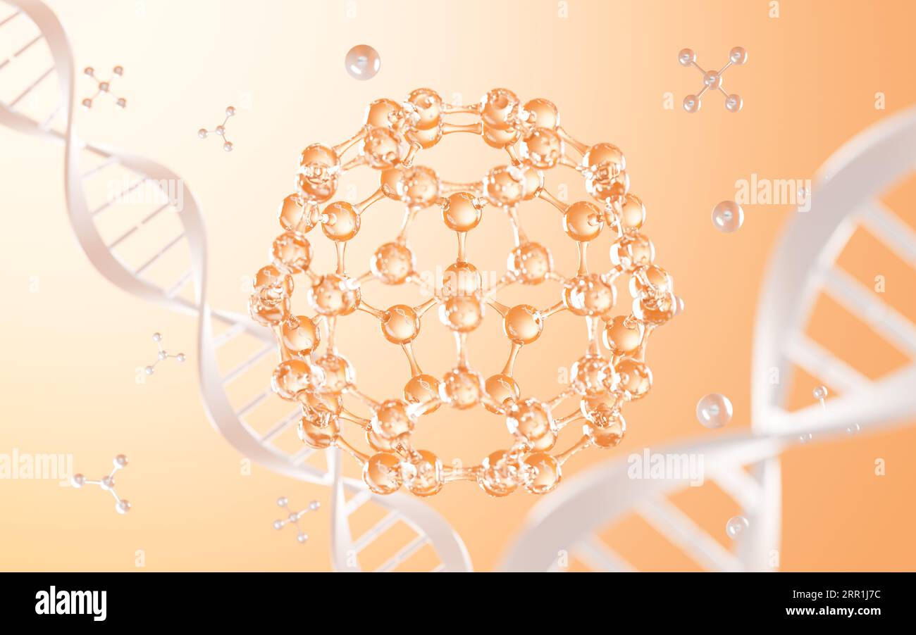 Spherical molecular structure and DNA, 3d rendering. Digital drawing ...