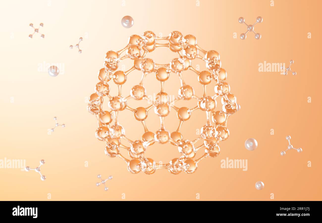 Spherical molecular structure in the gold background, 3d rendering ...