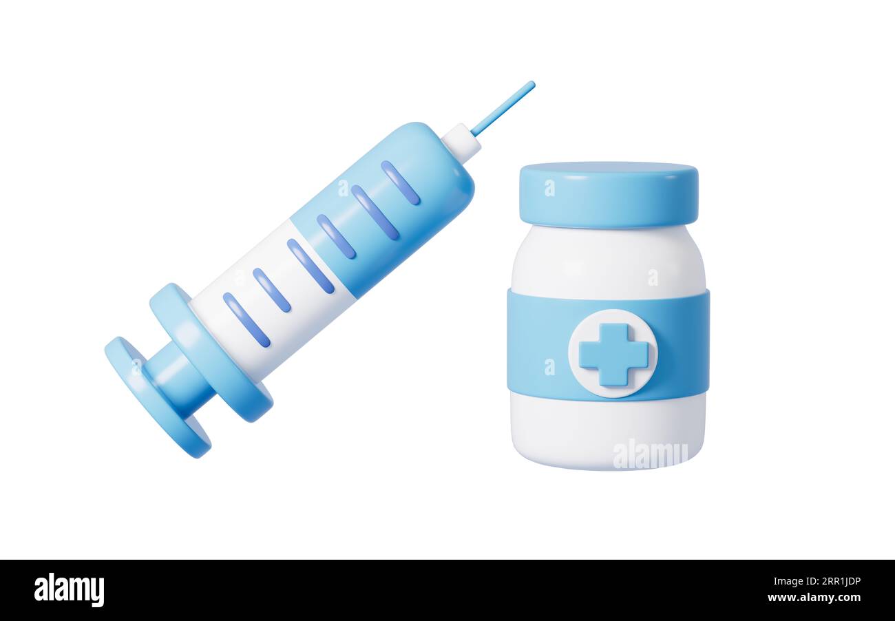 Cartoon syringe and drugs in the white background, 3d rendering ...