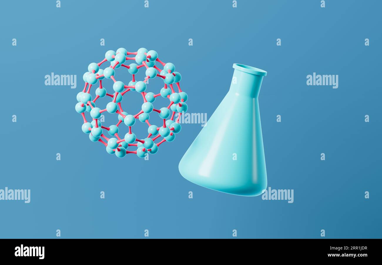 Cartoon spherical molecular structure and conical flask in the green background, 3d rendering ...