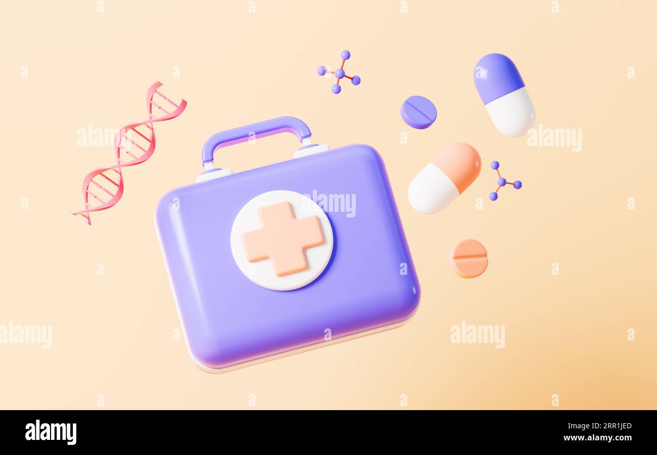 Cartoon medical kit and drug therapy , 3d rendering. Digital drawing ...
