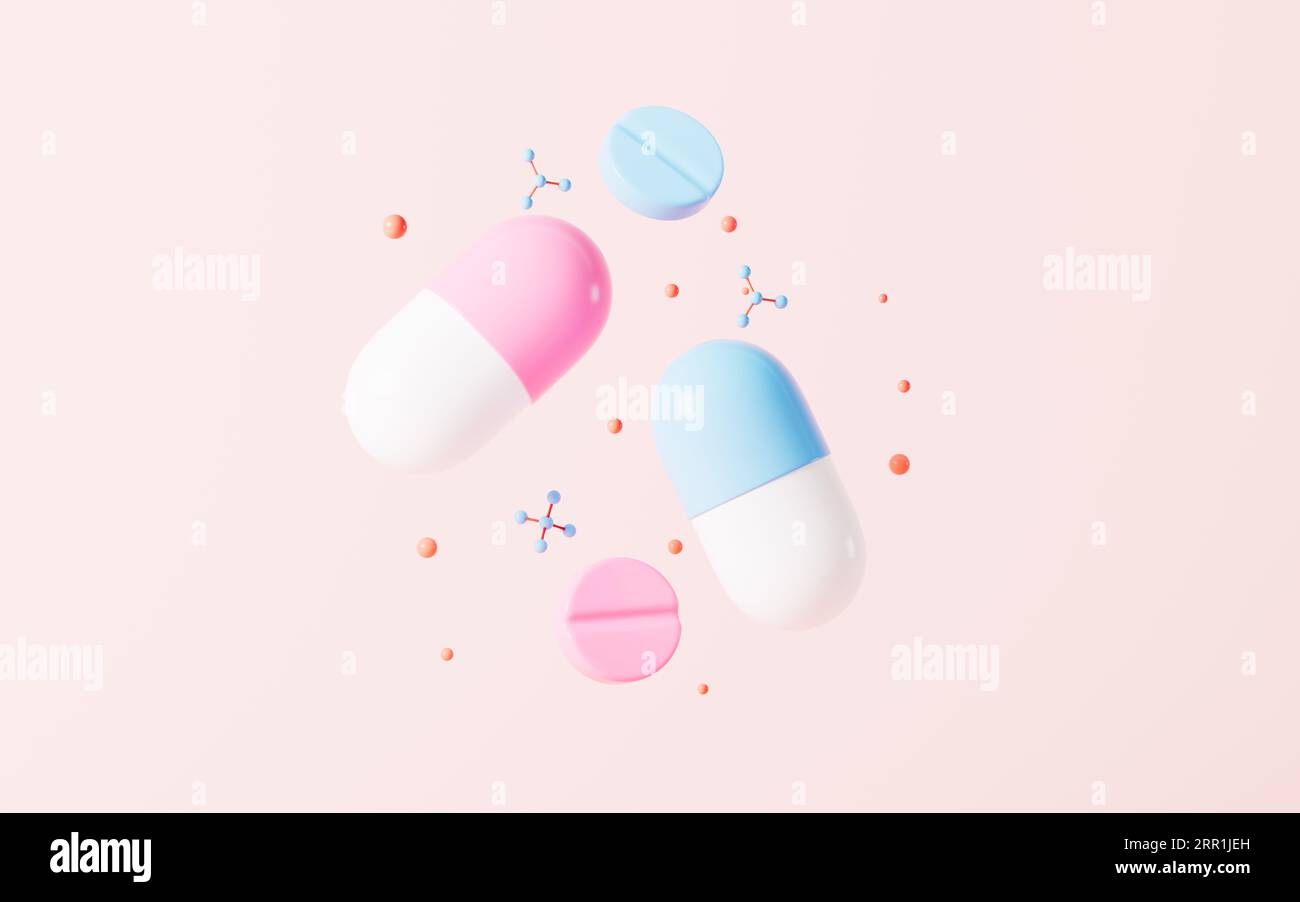Cartoon drug and molecular structure, 3d rendering. Digital drawing ...