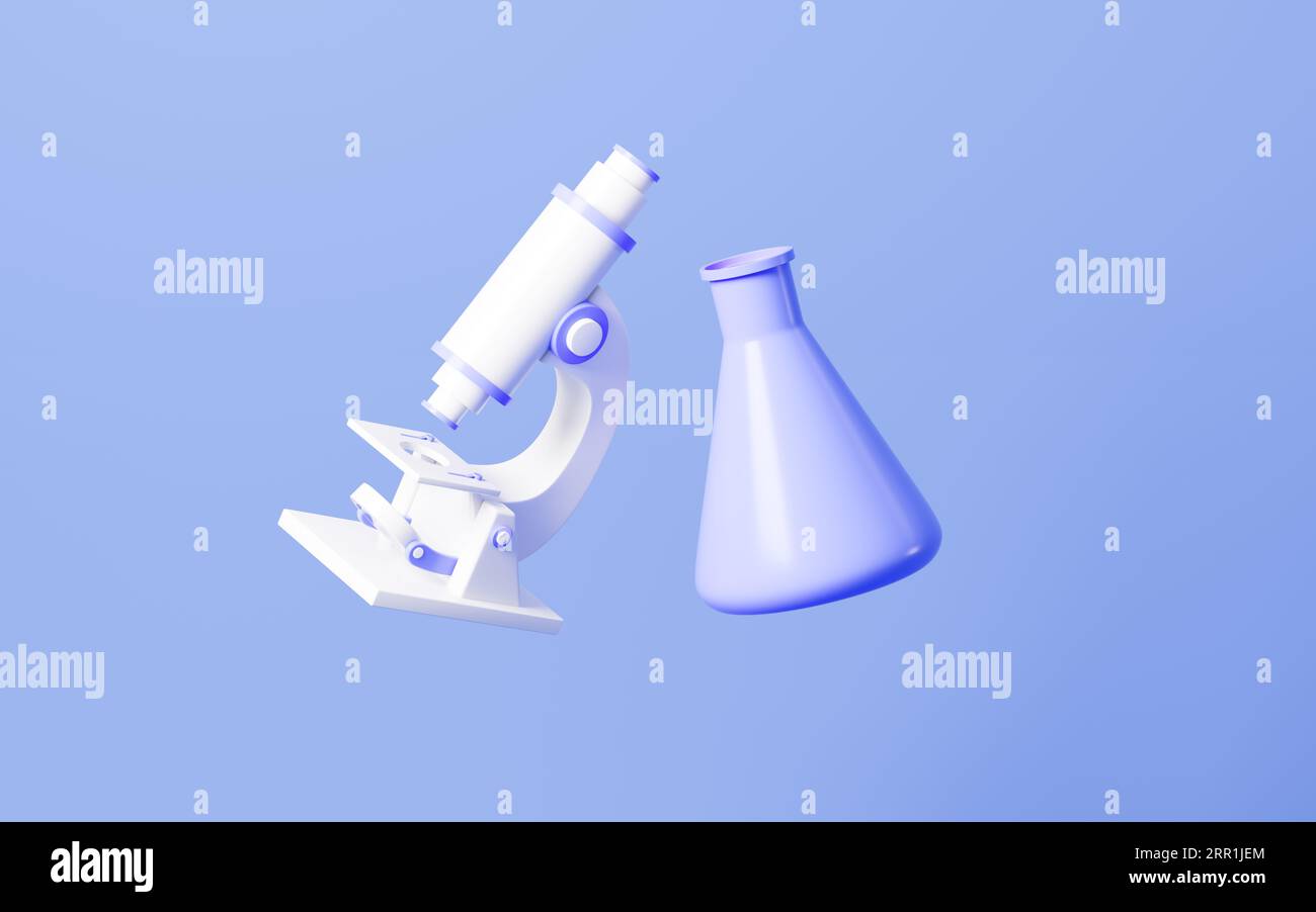 Cartoon microscope and conical flask in the purple background, 3d ...