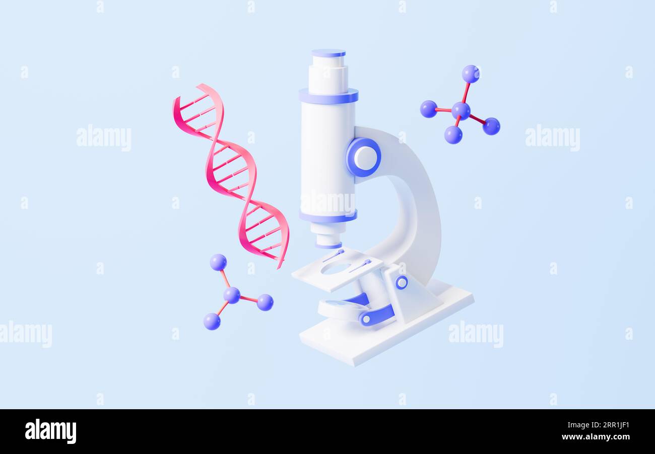 Cartoon microscope , DNA and molecules, 3d rendering. Digital drawing ...