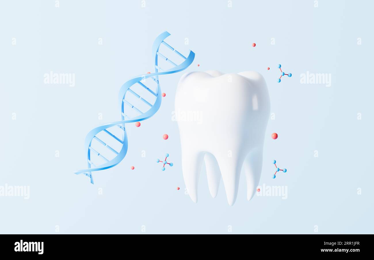 Tooth and DNA in the blue background, 3d rendering. Digital drawing ...