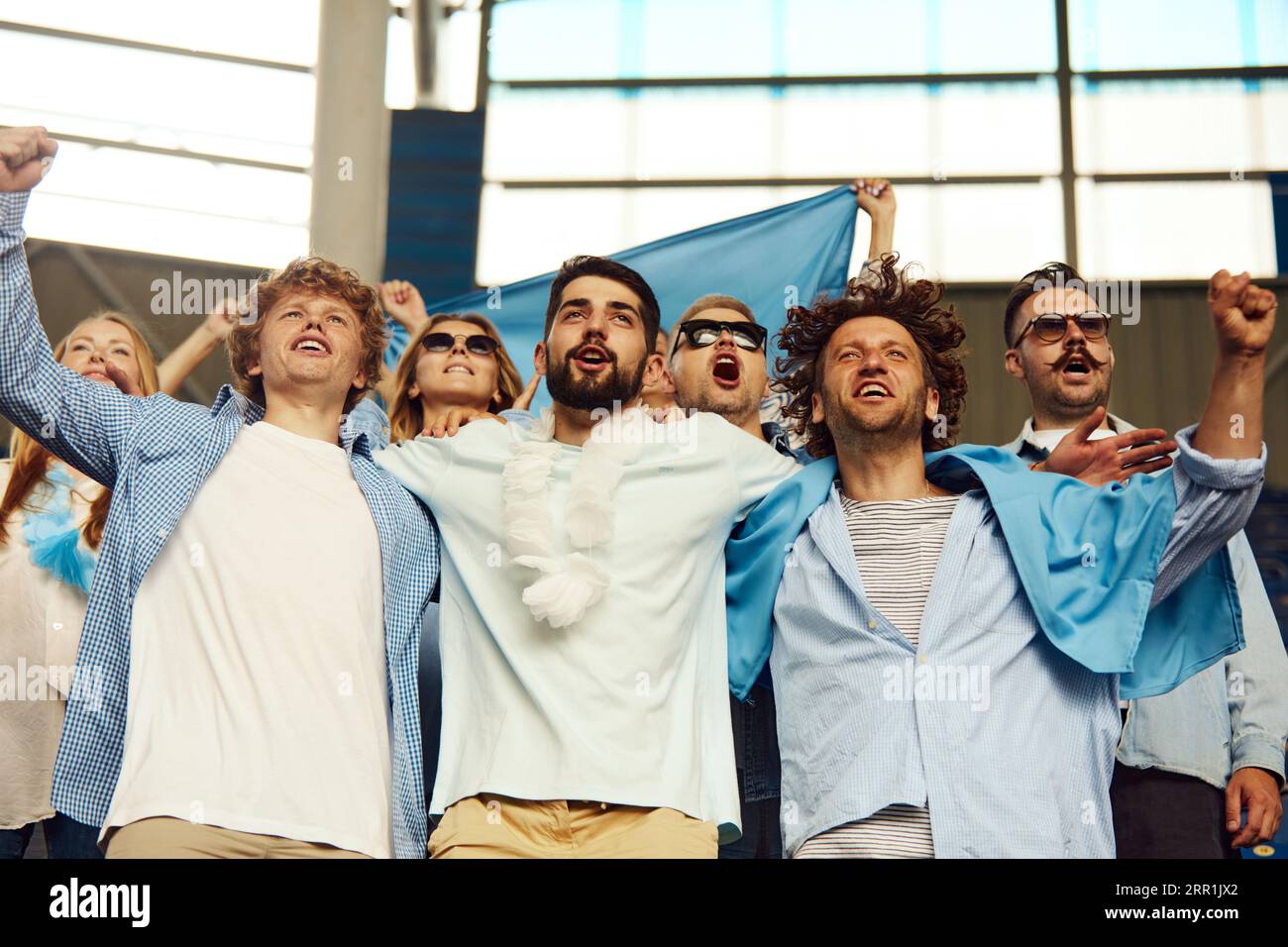 Group young people, friends, sport fans at stadium,cheering emotional ...