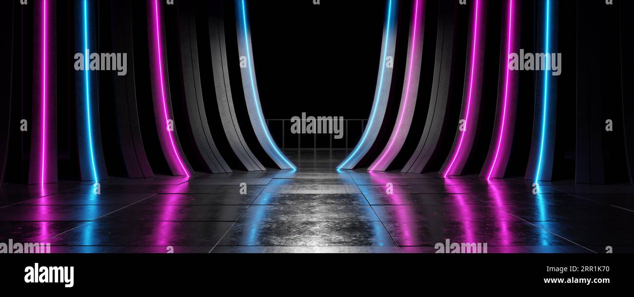 Neon portal Neon lights Concrete background Luminous lines Tunnel ...