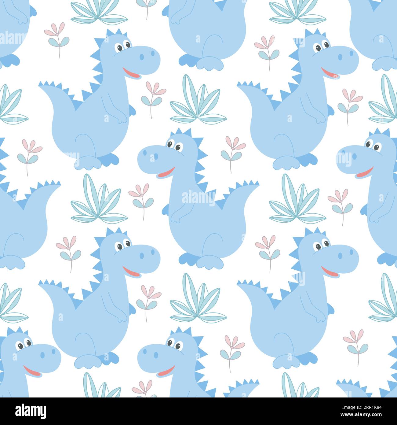 Dinosaurs, herbs and flowers seamless pattern. Cute dino characters ...