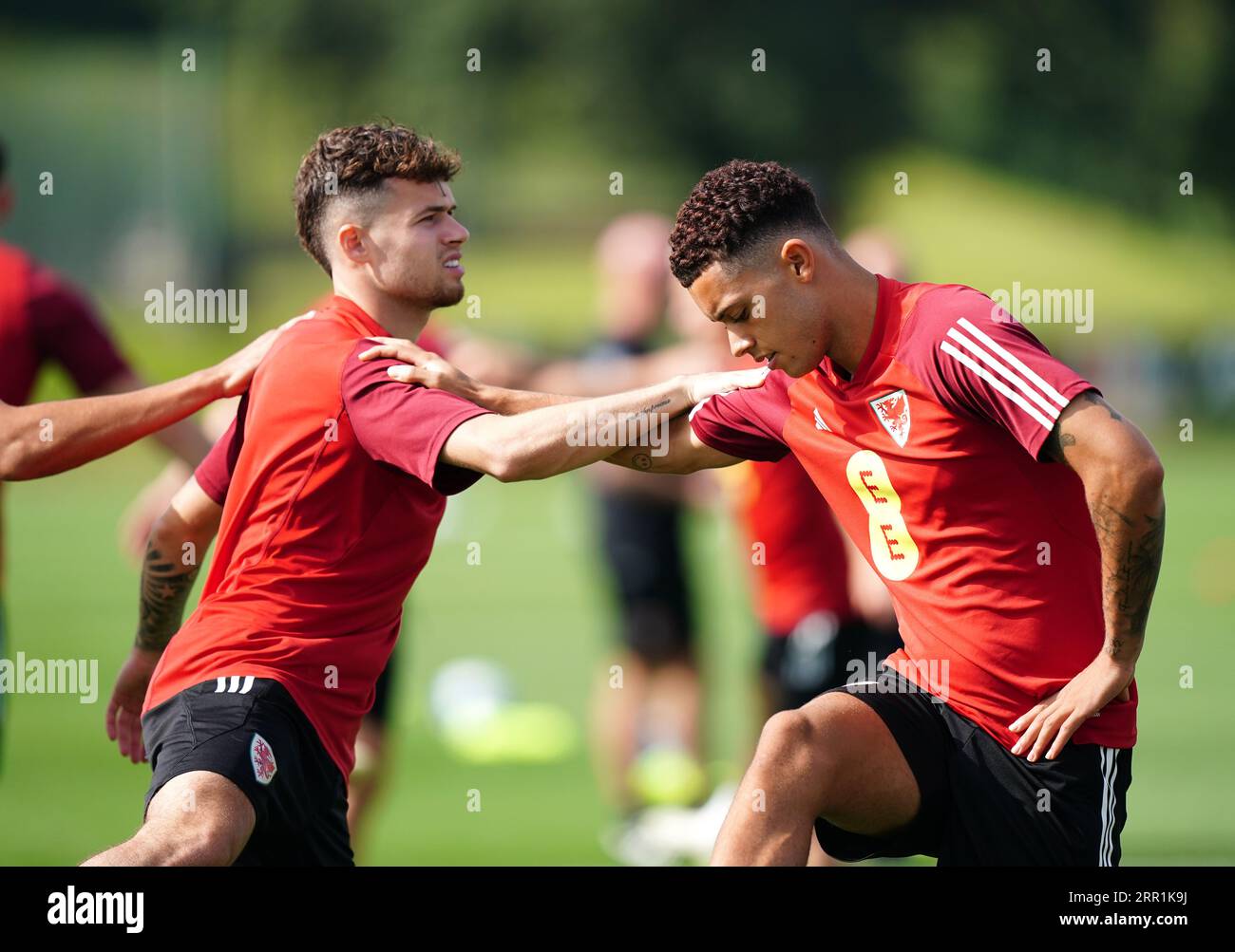 Wales' Neco Williams (left) and Brennan Johnson during a training ...