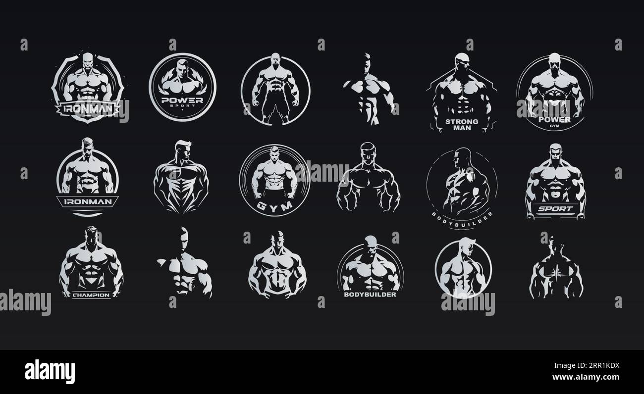Powerful muscular athletes icons for GYM logos. Masculine figures ...