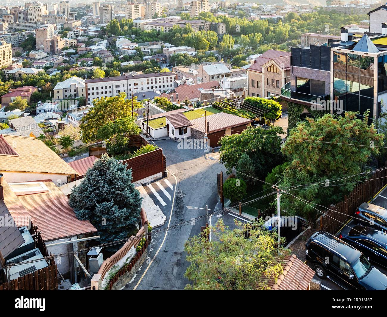 above view of descent from Cascade stairways in Yerevan city on summer ...