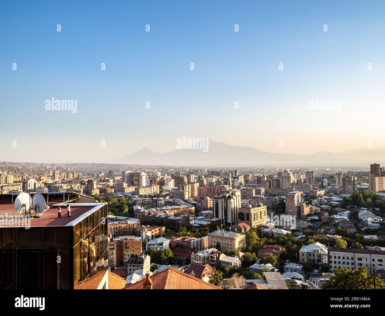 above view of Yerevan city and mountain on horizon from Cascade stairs ...