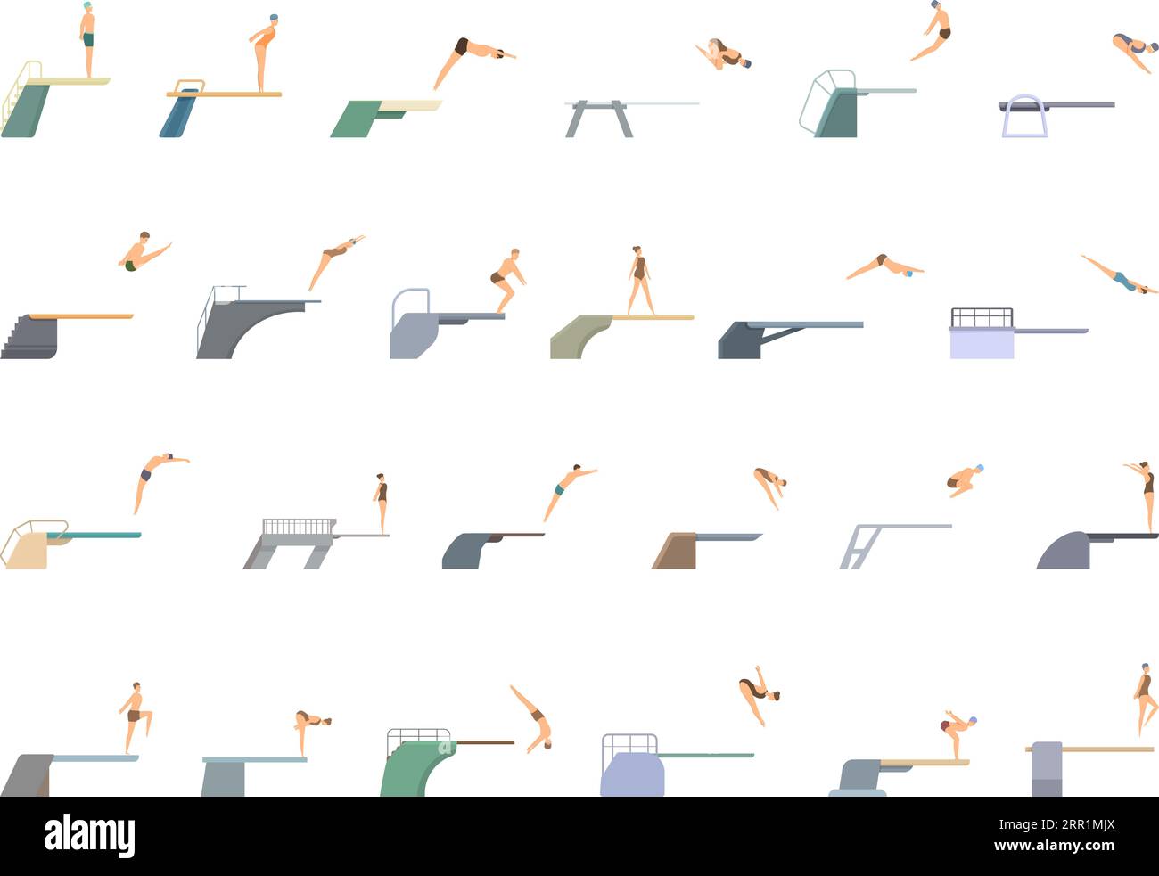 Jumping from the springboard into the water icons set cartoon vector ...