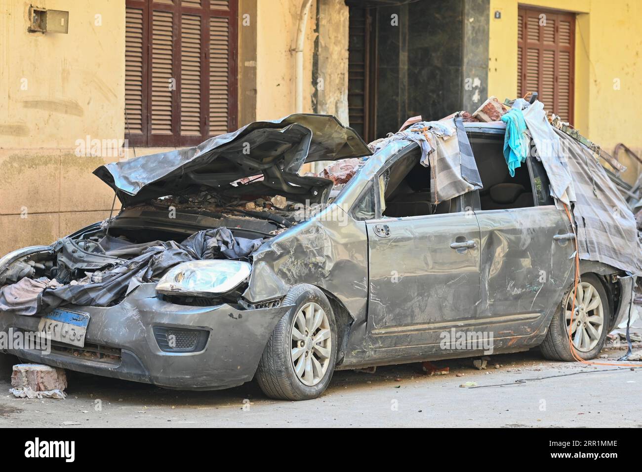 Cairo, Egypt. 06th Sep, 2023. A view of a destroyed vehicle as a result ...
