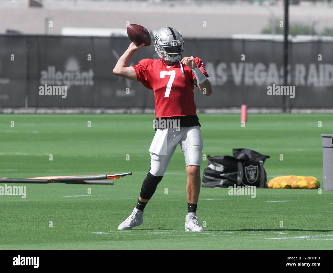 The Las Vegas Raiders quarterback Brian Hoyer on the football field ...