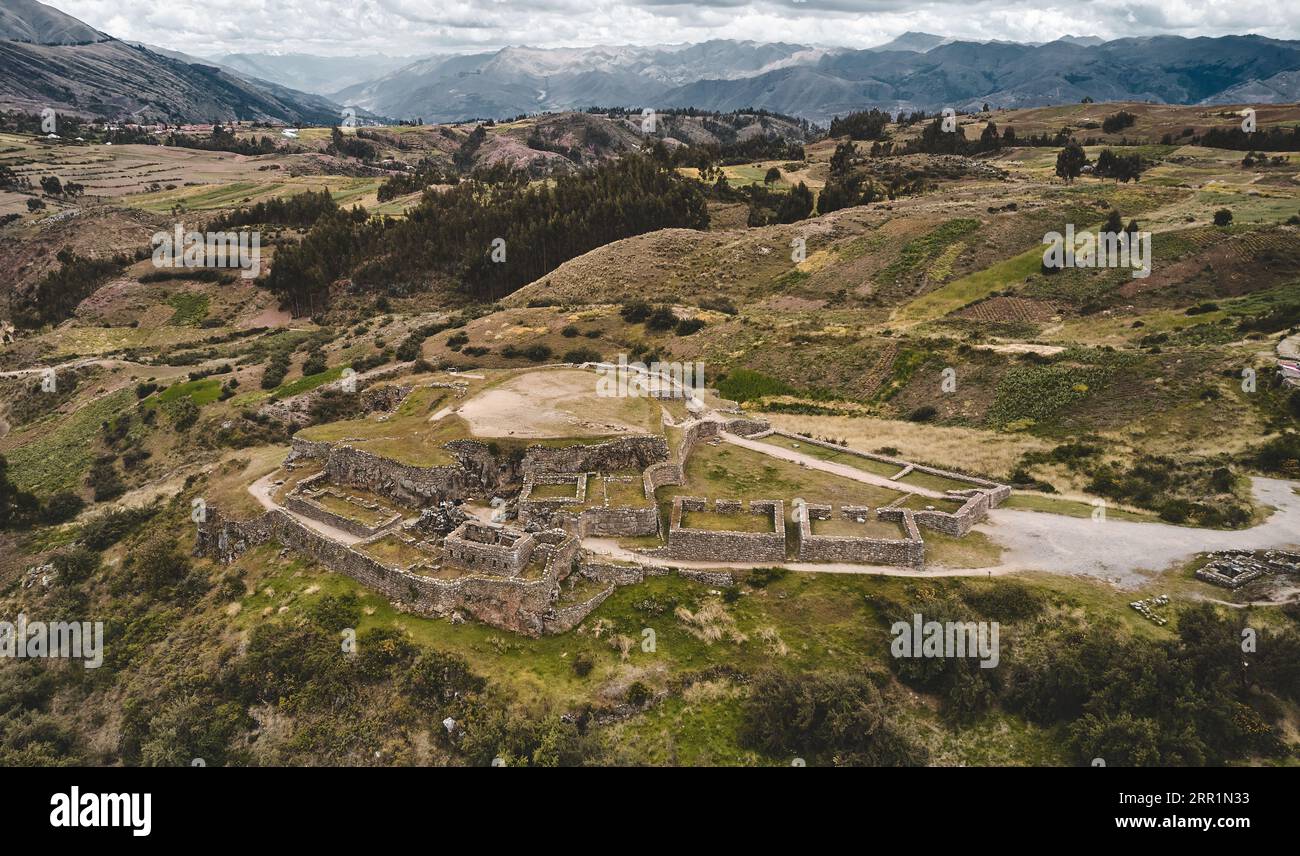 Aerial view of Ruins of the Inca fortress of Puka Pukara outside of ...