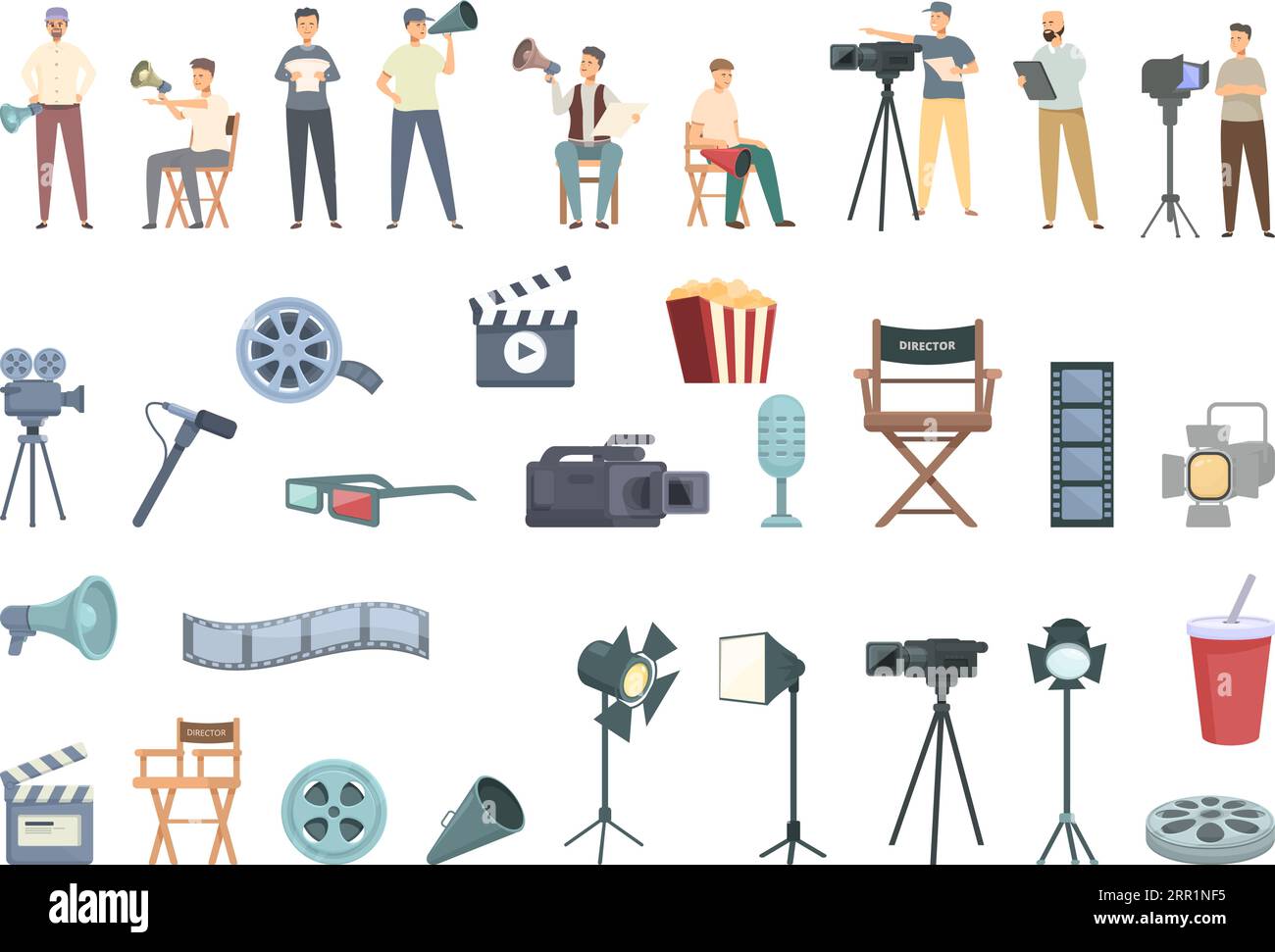 Film director icons set cartoon vector. Making shooting. Work man Stock ...