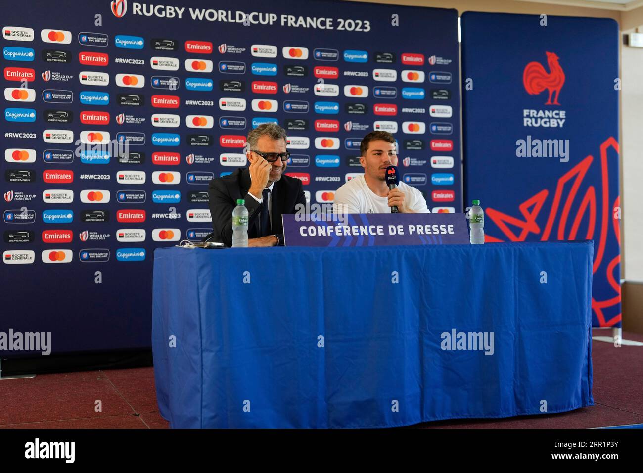 France's head coach Fabien Galthie, left, and France's Antoine Dupont ...