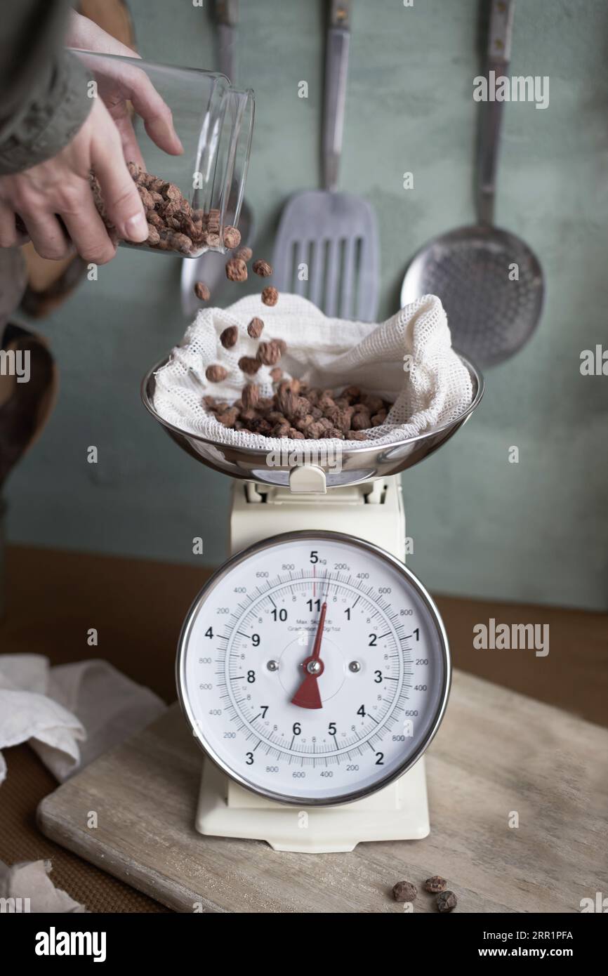 Side view of crop anonymous female using scale for measuring almond ...