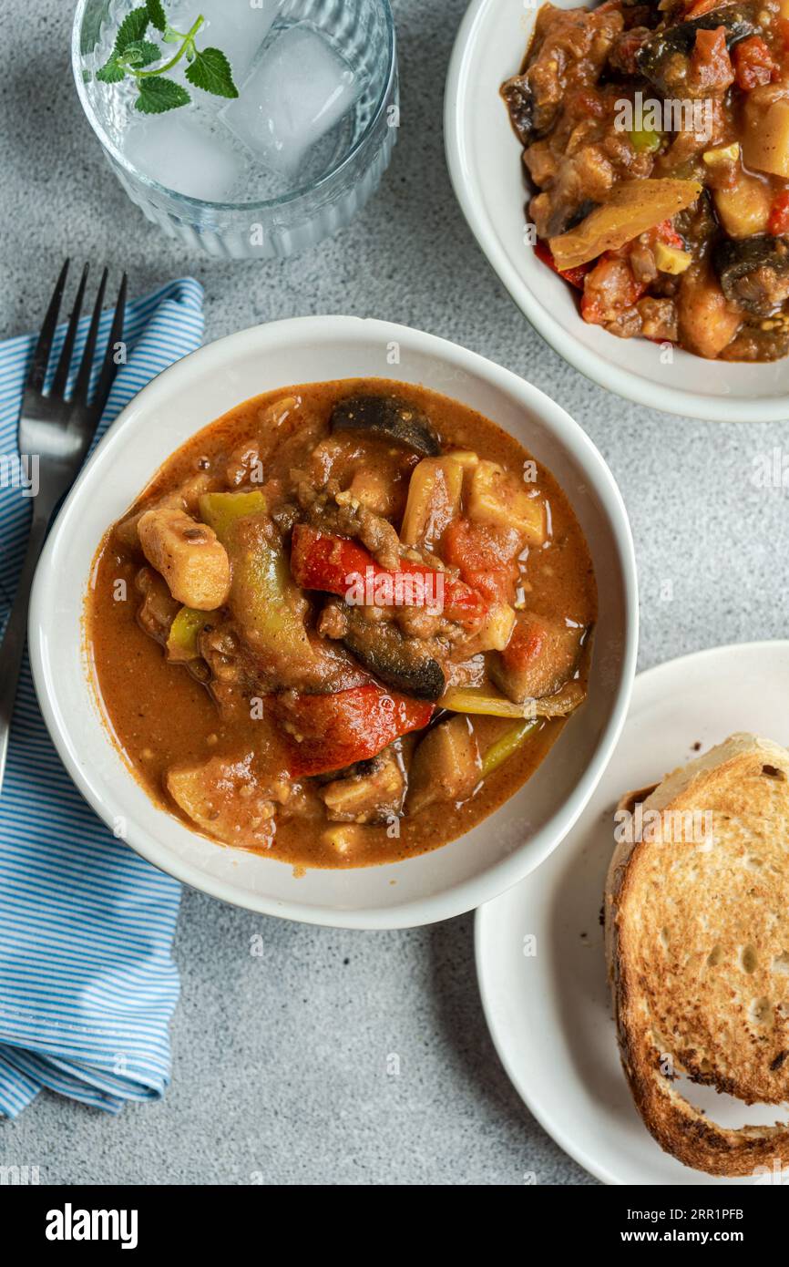 Top view of traditional seasonal Georgian dish - Adjapsandali with ...