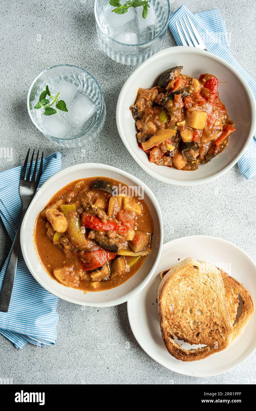 Top view of traditional seasonal Georgian dish - Adjapsandali with ...