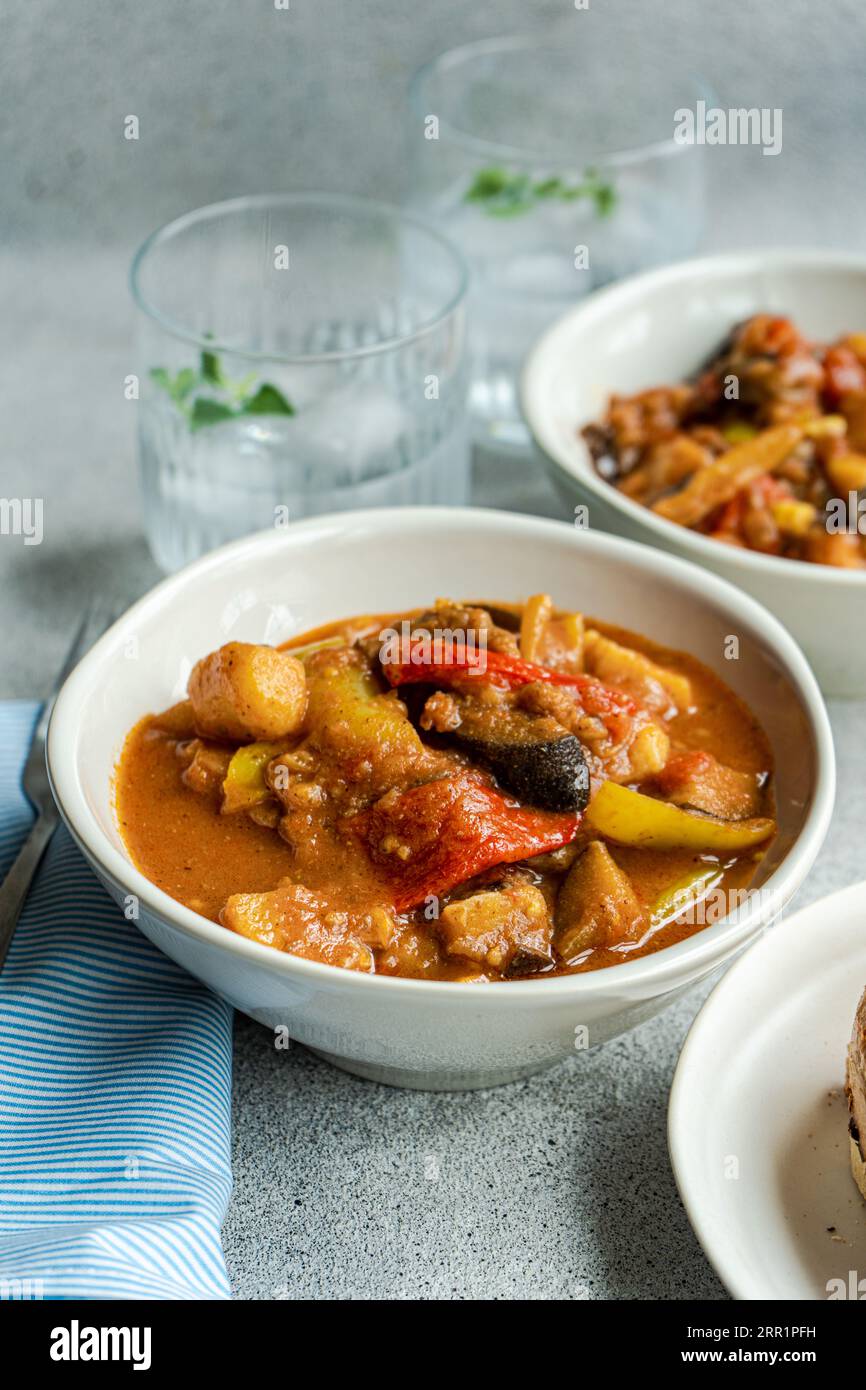 High angle of traditional seasonal Georgian dish - Adjapsandali with ...