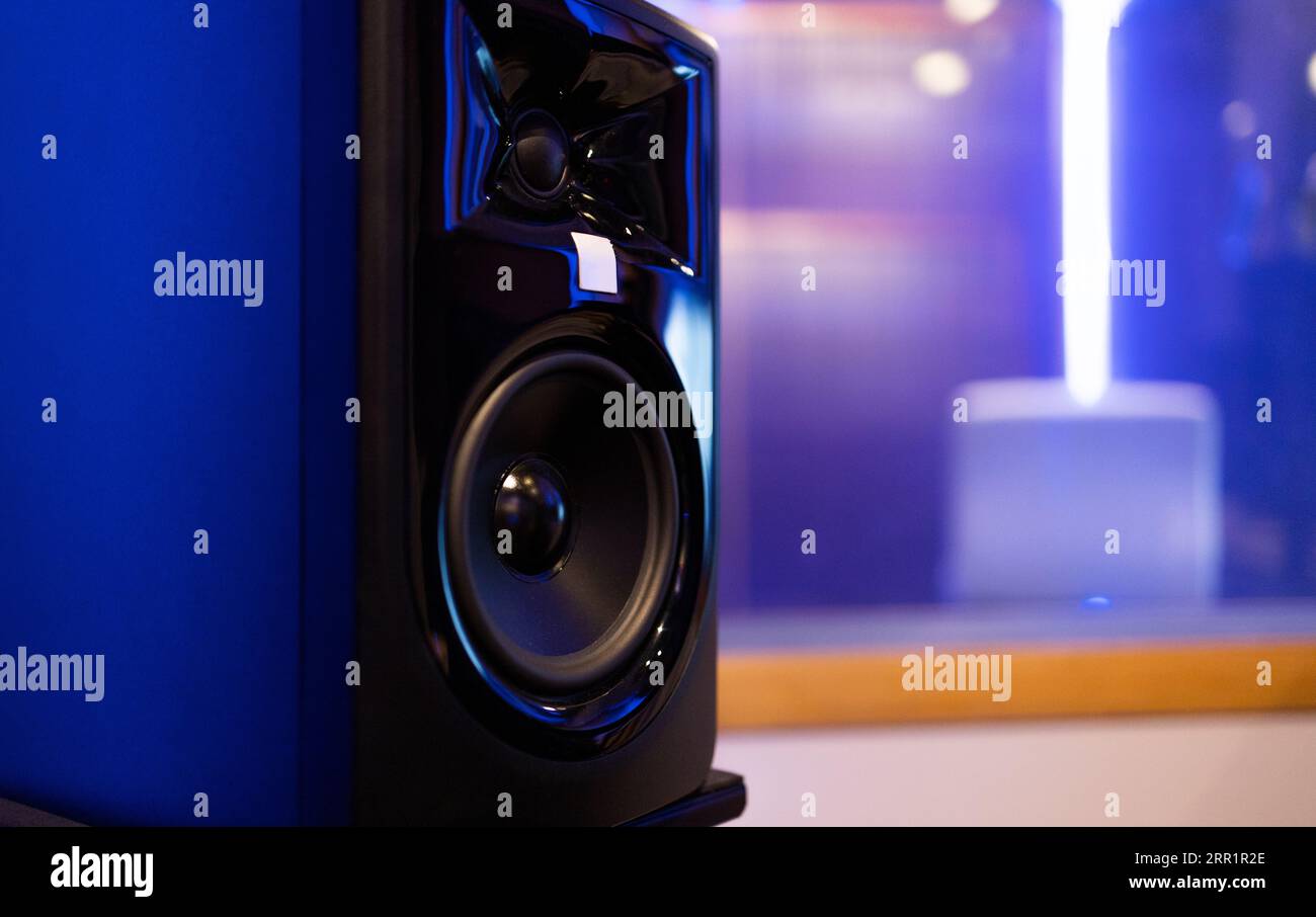 Black studio monitor enclosing loud speakers for professional audio ...