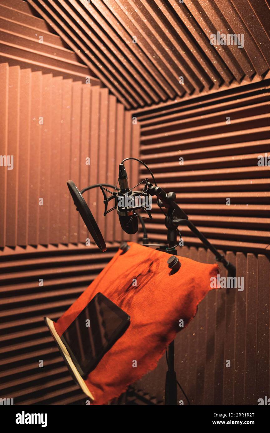 Microphone pop filter equipment attached on stand while tablet with ...