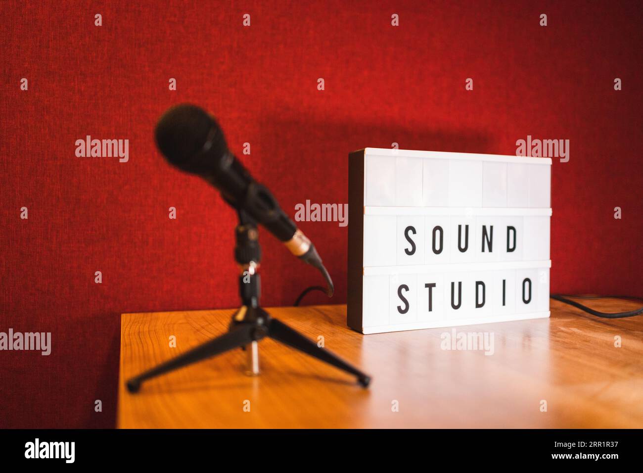 Podcast studio room while signboard with words sound studio and ...