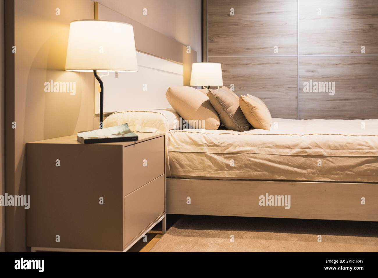 Interior design of sample modern bed in furniture store with ...