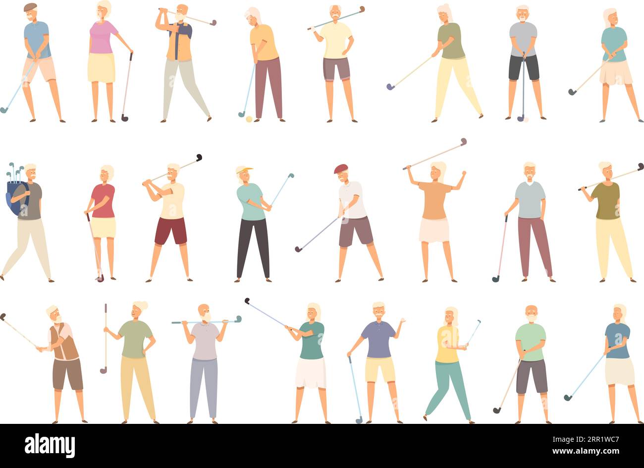 Elderly people playing golf icons set cartoon vector. Adult character ...