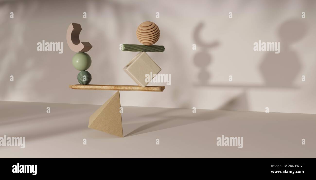 Different geometric shaped objects square half ring spheres and rectangle plank placed balancing ...