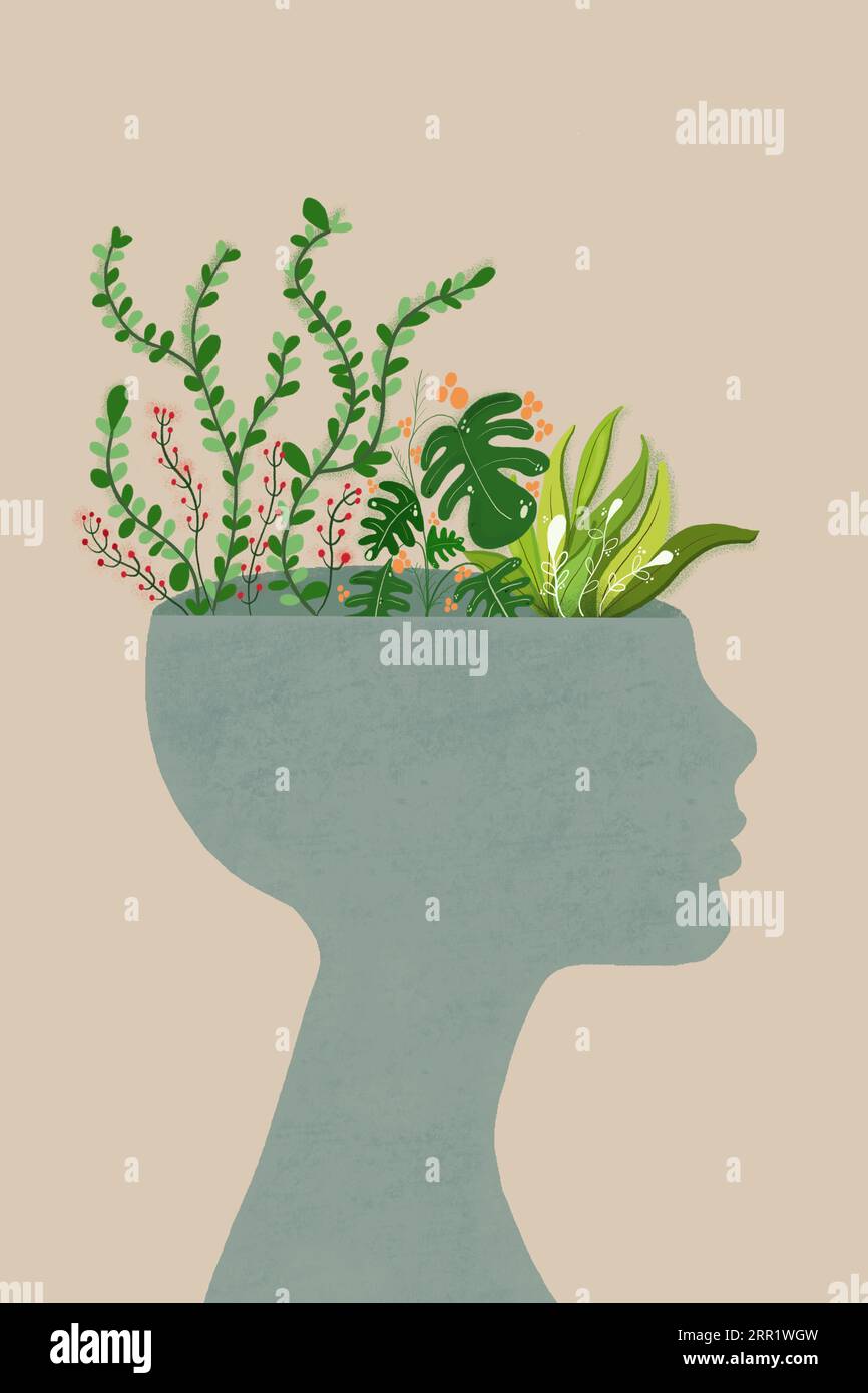 Illustration of mental health concept of human silhouette with growing ...