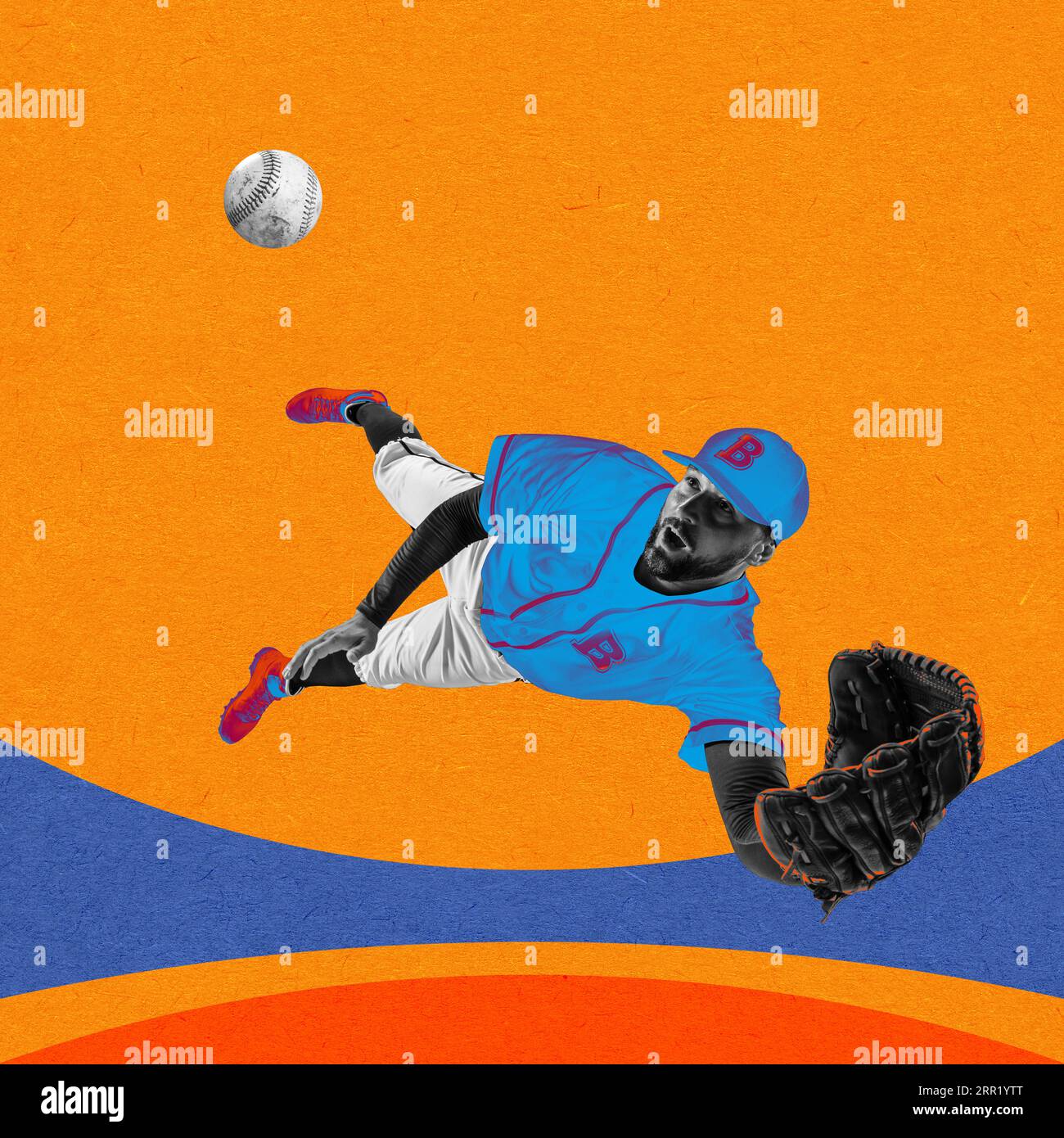 Concentrated man, professional baseball player in motion, catching ball ...