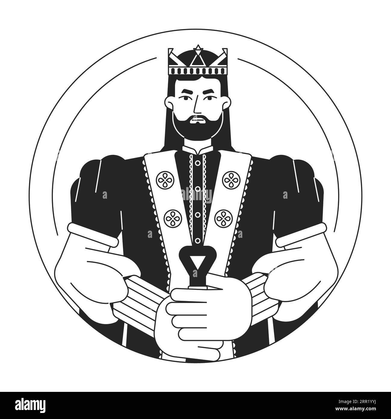 Confident king in golden crown flat line black white vector character ...