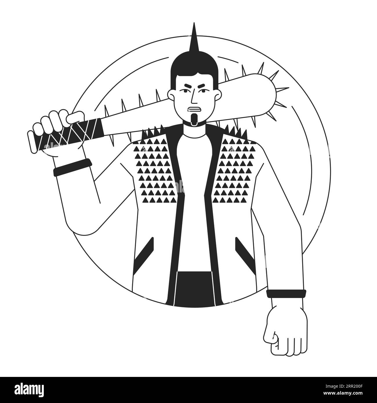 Aggressive punk with baseball bat flat line black white vector ...