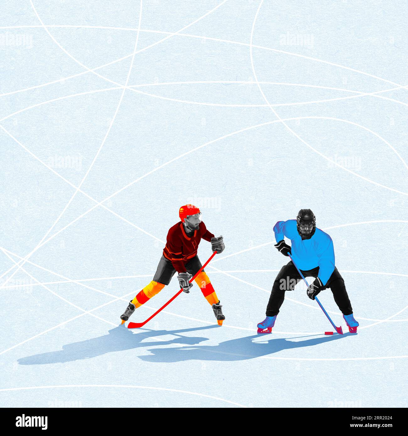 Two competitive men, professional hockey players in motions during game ...