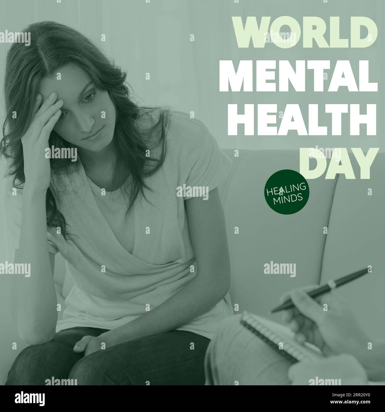Composite of world mental health day text over depressed caucasian ...