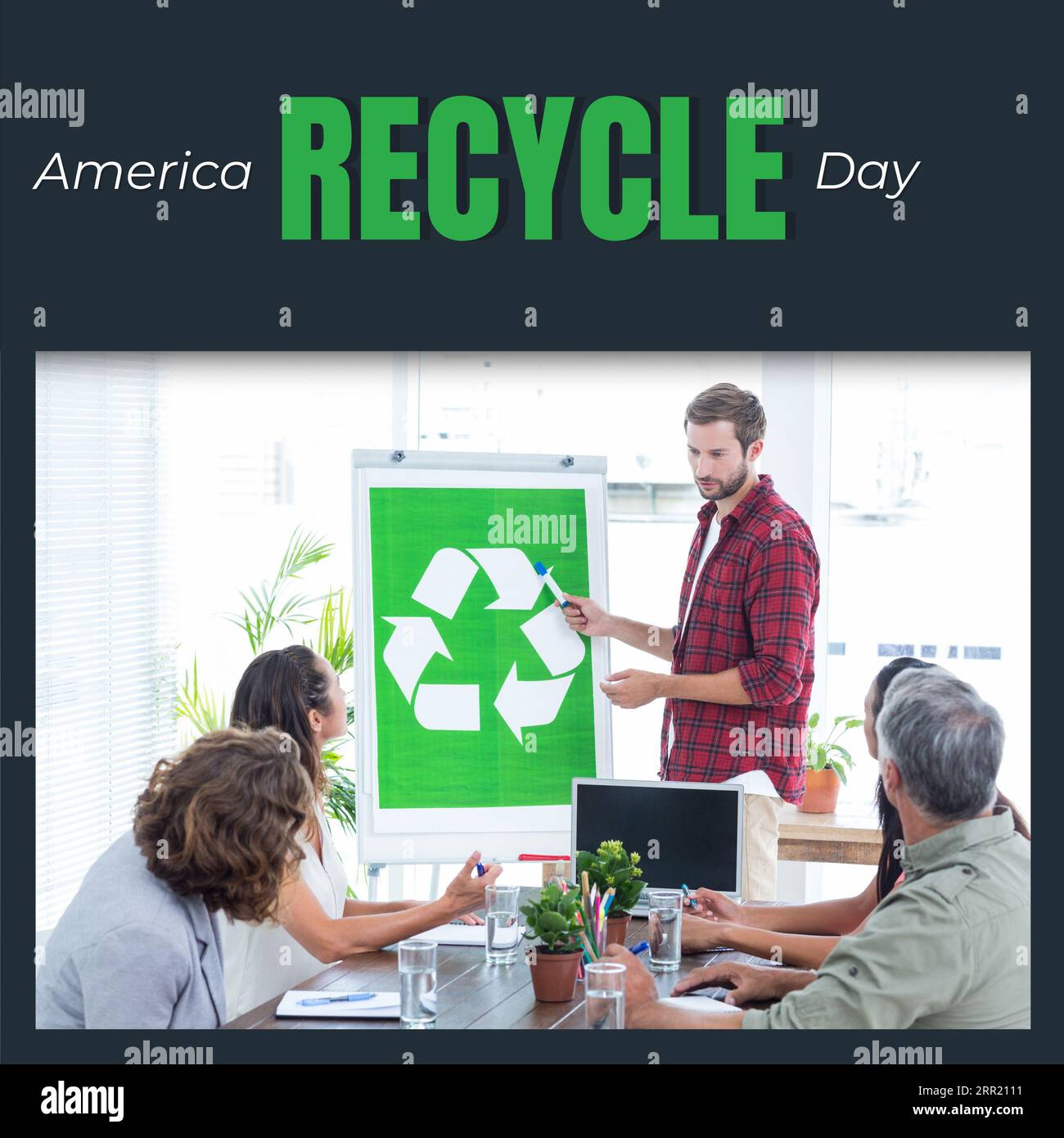 Composite of america recycle day text and diverse people with green ...