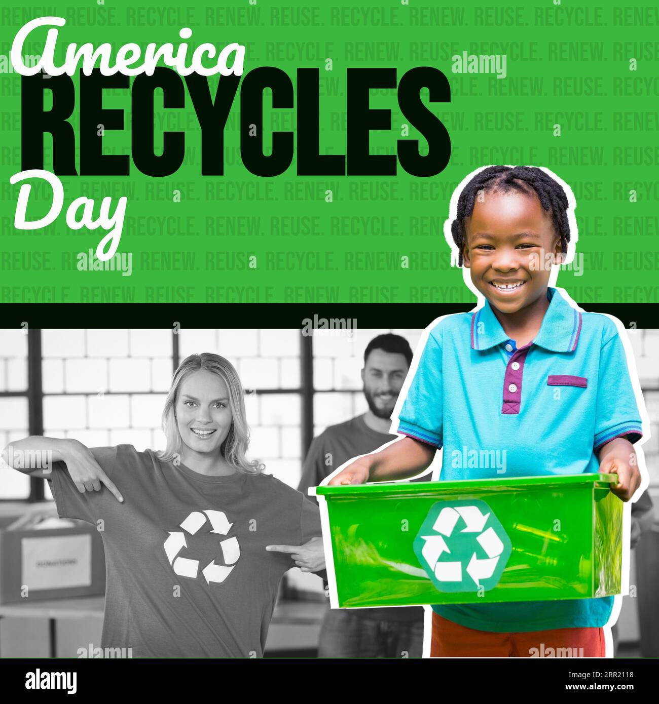 Composite of america recycles day text and diverse people with green ...