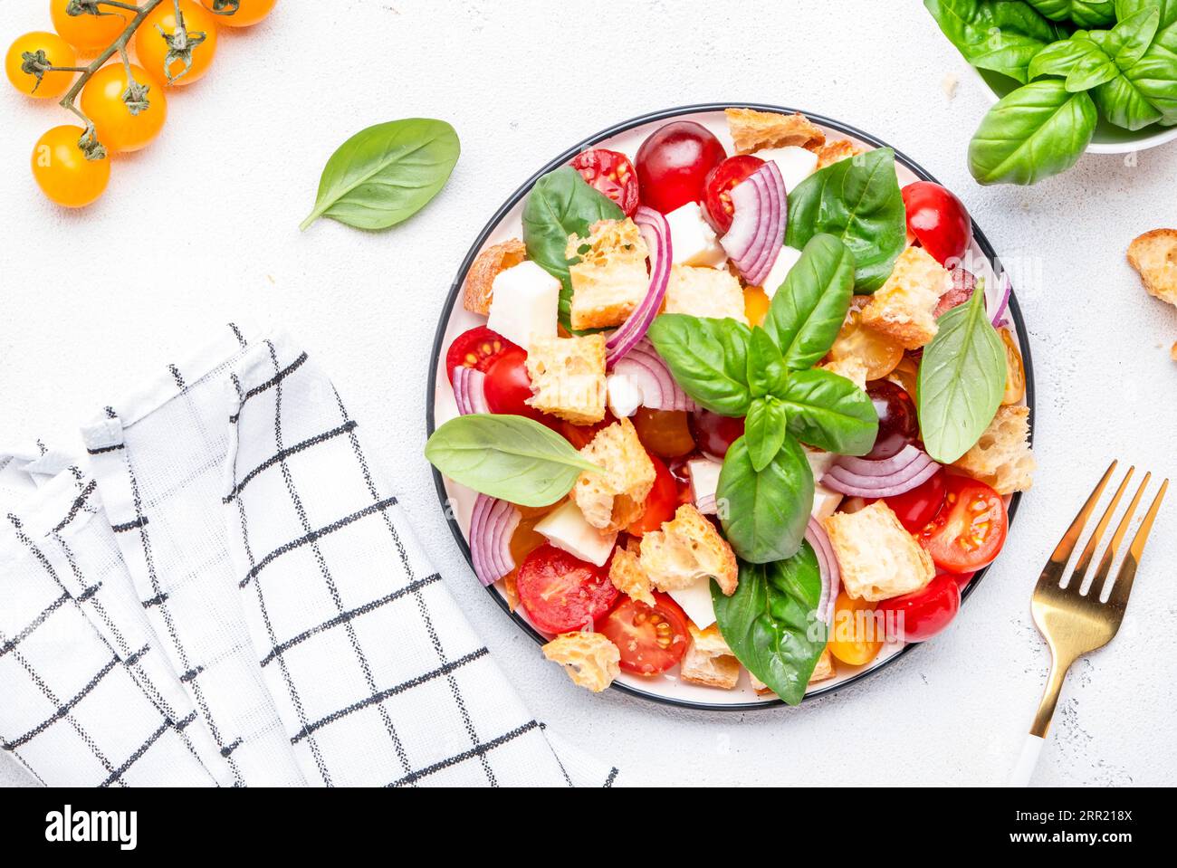Panzanella vegetable salad with stale bread, colorful tomatoes, soft ...