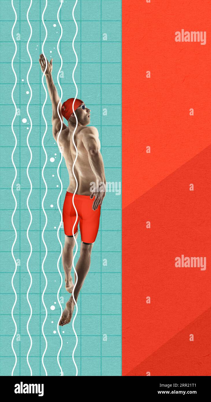 Muscular man, professional swimmer training in swimming pool. Endurance ...