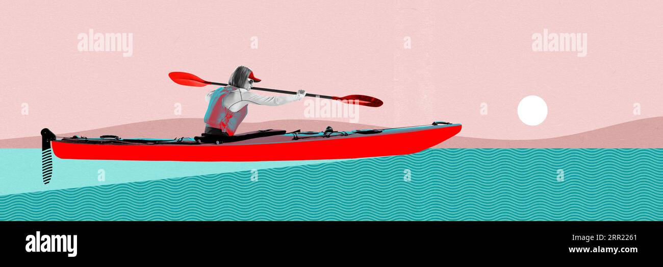 Young woman rowing in canoe, kayak swimming and competing. Contemporary ...