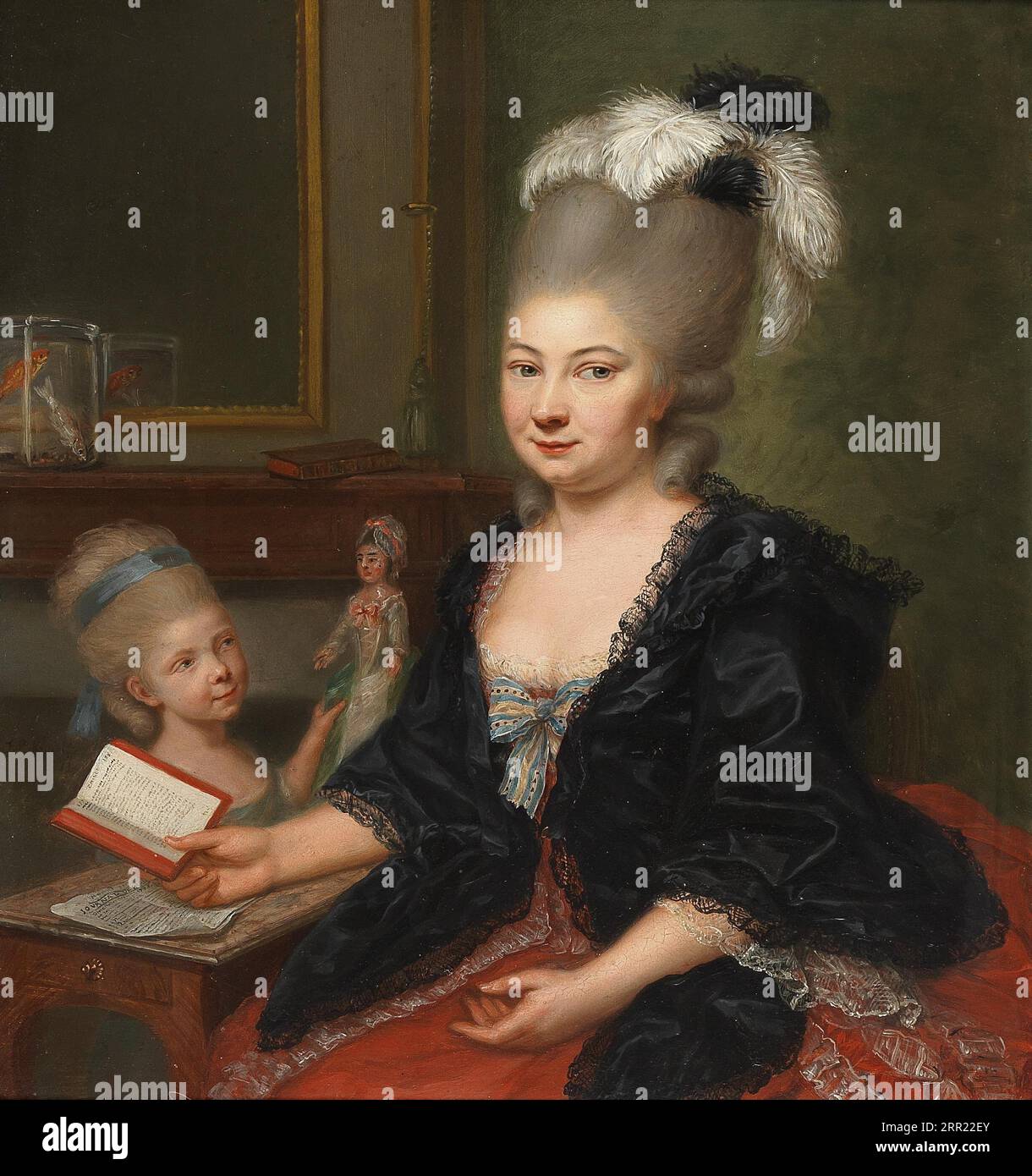 Portrait of a mother and her child reading Rousseau’s “Emile” in an ...