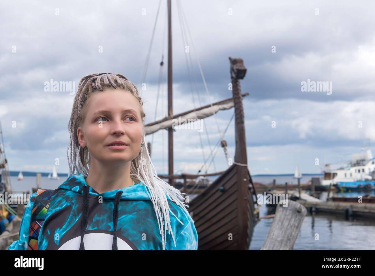 woman tourist went ashore after sailing in a modern replica of anсient ...