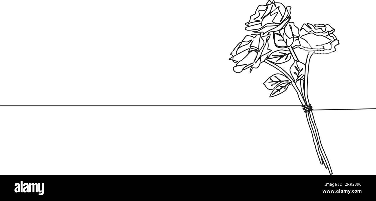 Continuous Single Line Drawing Of Small Bouquet Of Roses Bunch Of