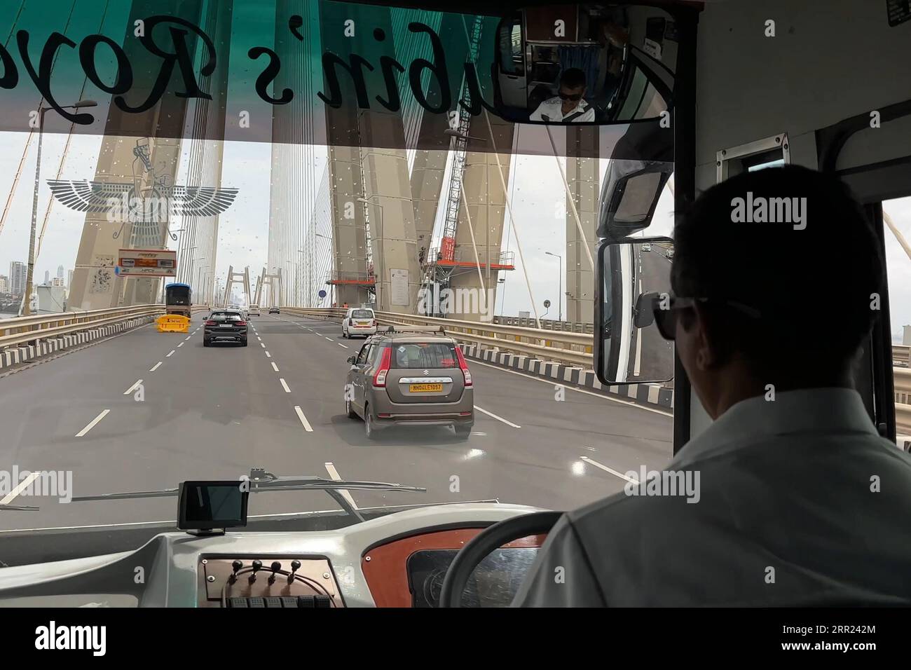 Bus driver drives through the Bandra-Worli Sea Link officially known as Rajiv Gandhi Sea Link ...